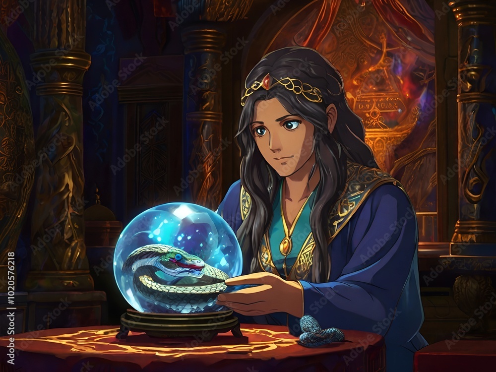 Fortune teller fairy pixie elf looking at crystal ball for fortune telling AI generated Stock ...