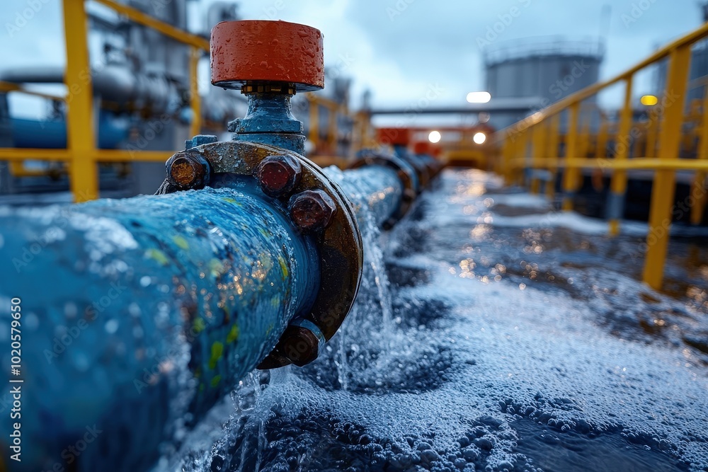 This close-up image shows a robust blue industrial pipe releasing water ...
