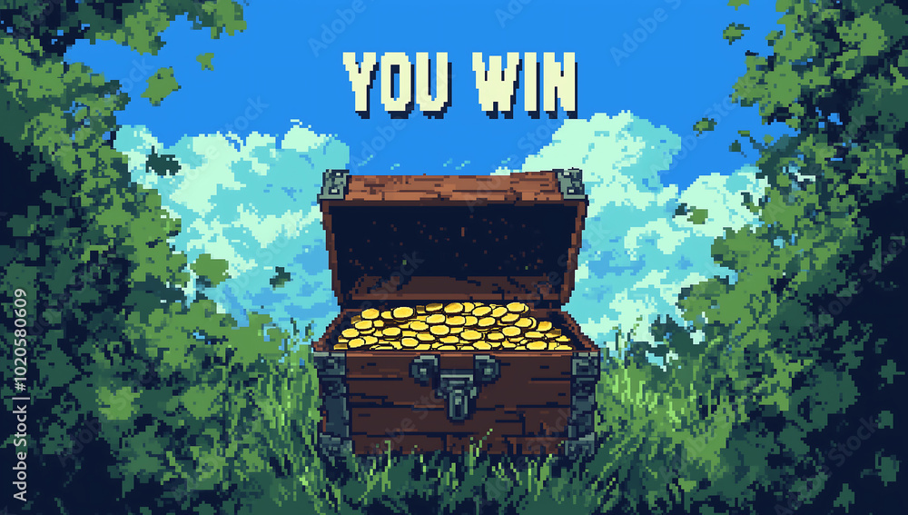 Retro Video Game Victory Screen with a Treasure Chest Full of Gold ...