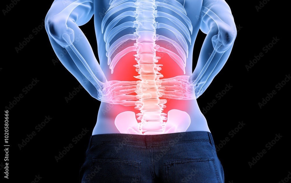 Individual gripping their lower back in discomfort, red overlay showing ...