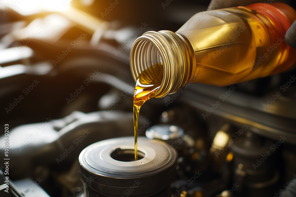 Pouring Fresh Engine Oil Into Car Engine During Routine Maintenance ...