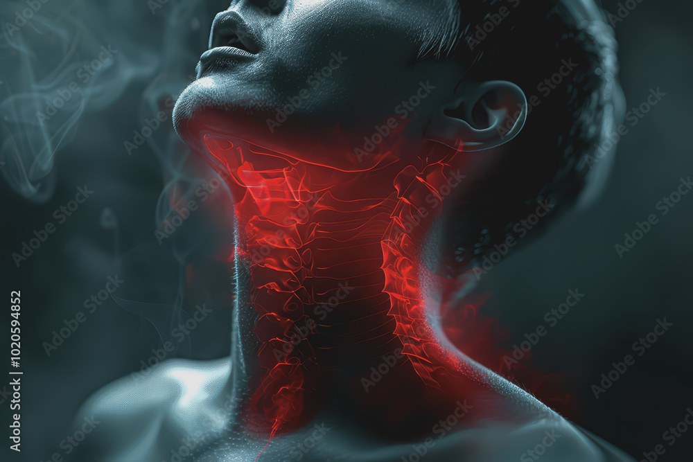 The image of a neck bathed in fiery red light indicates intense pain at ...