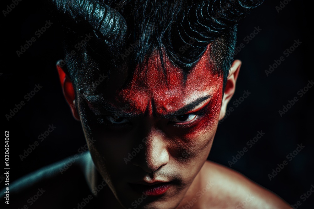 Portrait of an East Asian man with demon makeup, featuring red skin ...