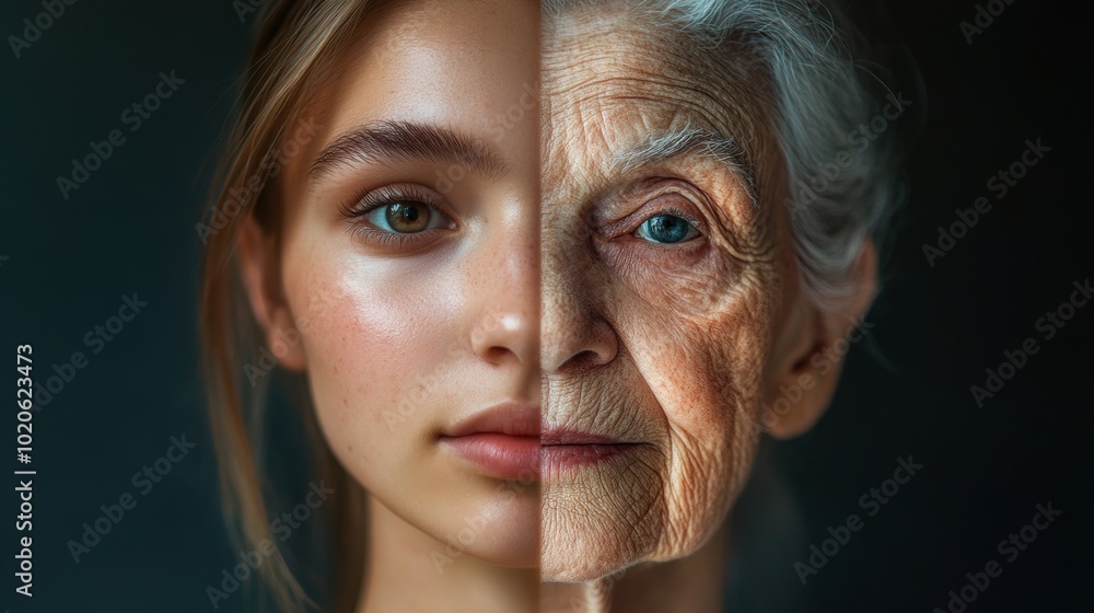 Artistic portrait of young woman and elderly woman, side by side ...