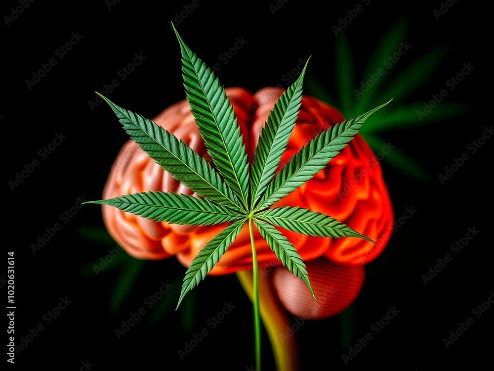 human brain with a cannabis leaf prominently displayed over it ...