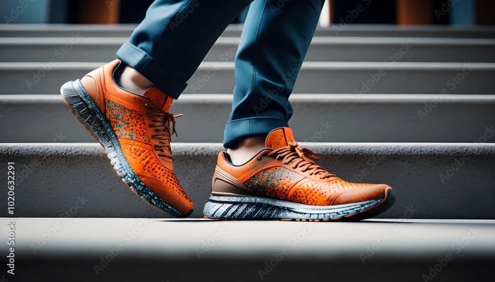 Vibrant orange shoes stepping down stairs captured in a dynamic close ...
