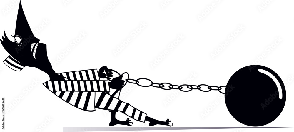 Prisoner with an iron ball chained to his foot. Cartoon prisoner drags ...
