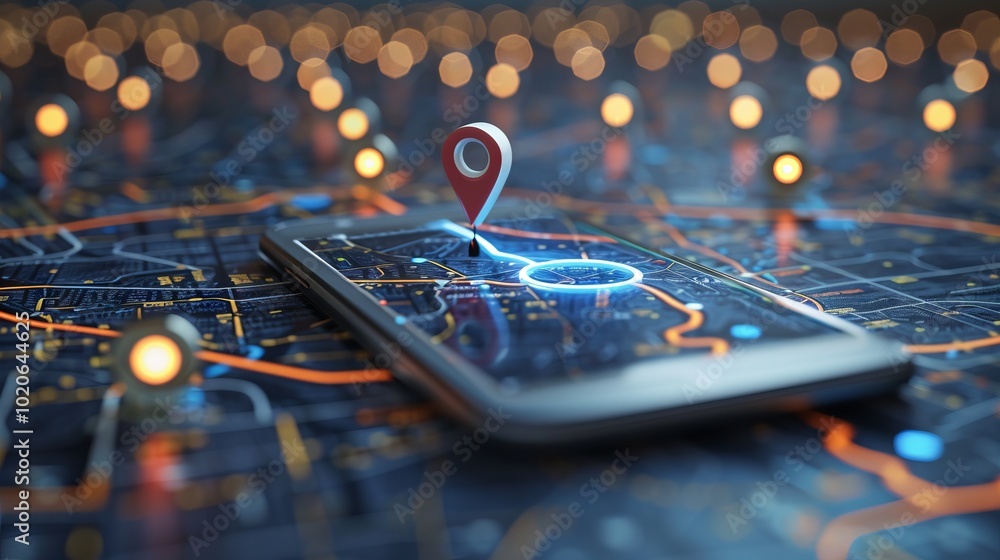 Concept of geofencing, featuring a digital map with virtual boundaries, a location pin, and a ...