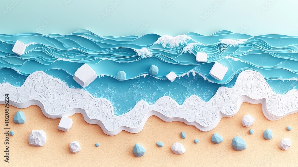 Ice blocks and pebbles scattered on sandy shore amidst gentle sea waves ...