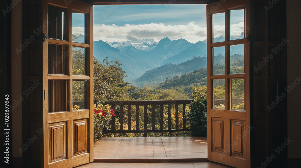 Open door revealing a breathtaking view of mountains and lush greenery ...