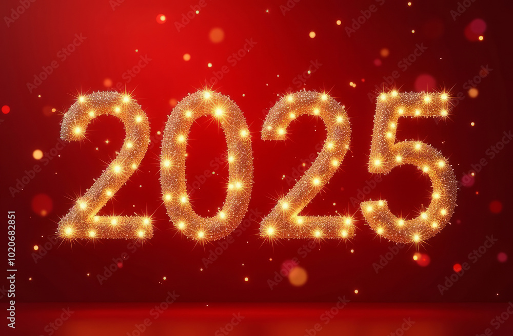 Golden sparkling numbers 2025 with shiny elements on a red gradient ...