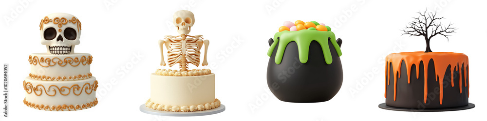 A set of Halloween-themed cakes clipart, featuring skull and skeleton ...