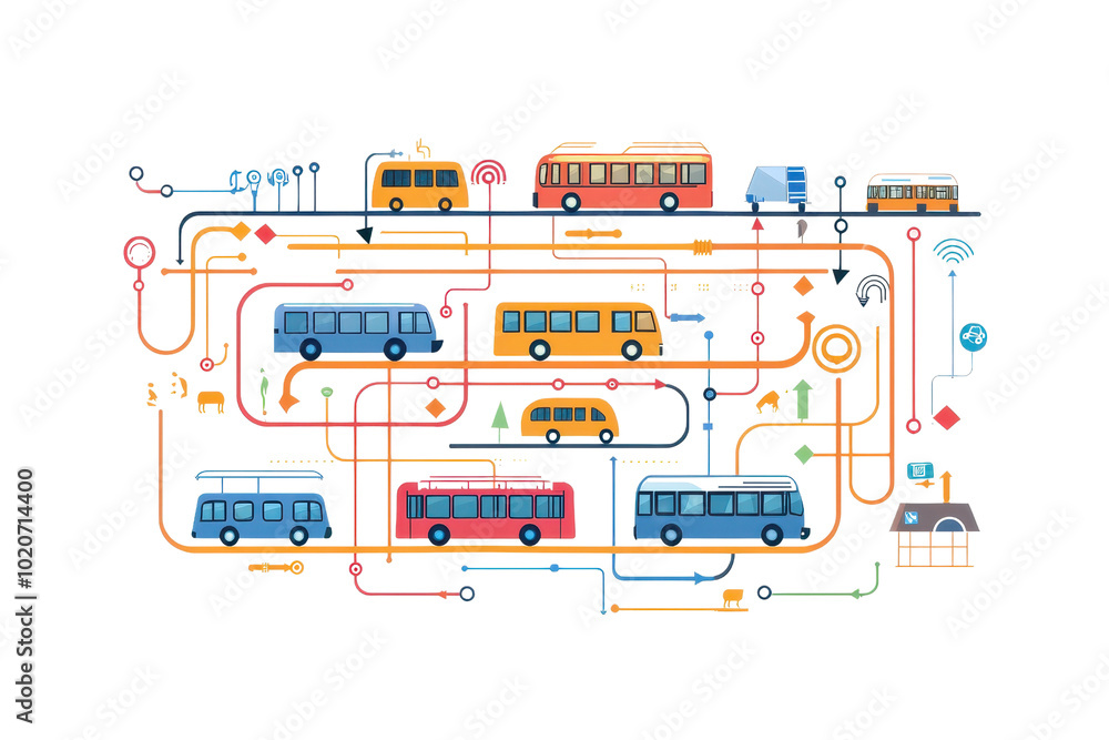 Colorful schematic of public transport system with buses, roads, and ...
