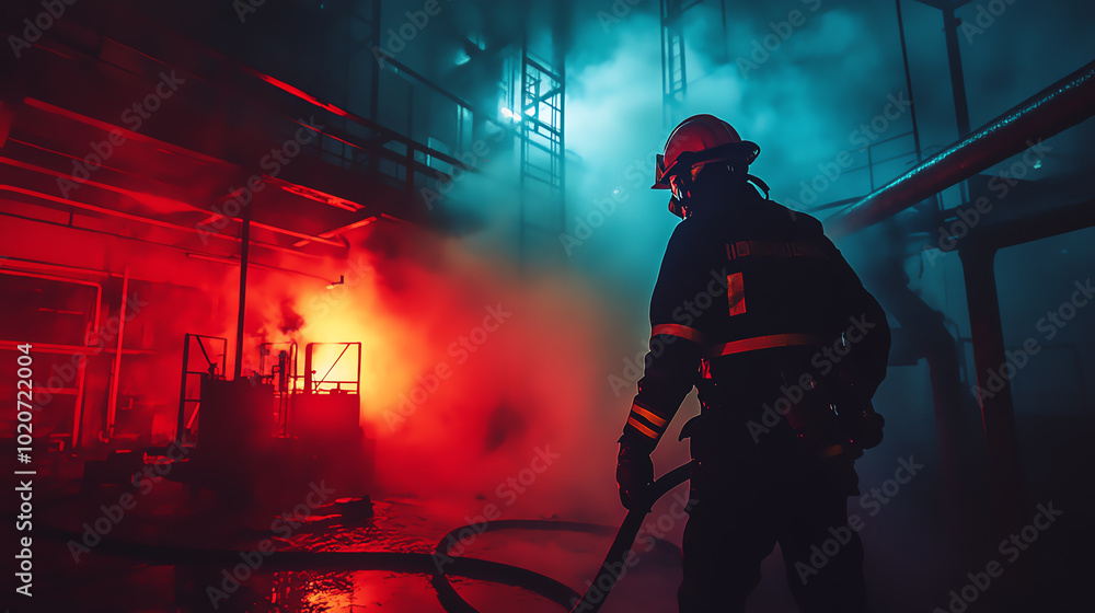 Firefighter in action battling flames in a dramatic and colorful scene ...