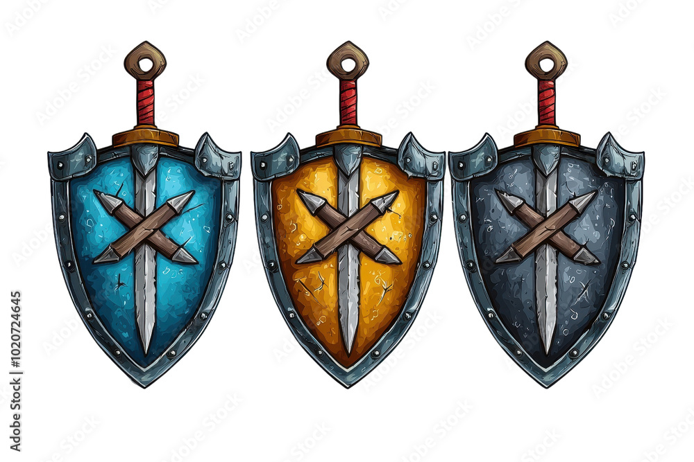Three colorful medieval shields with swords, representing defense and ...
