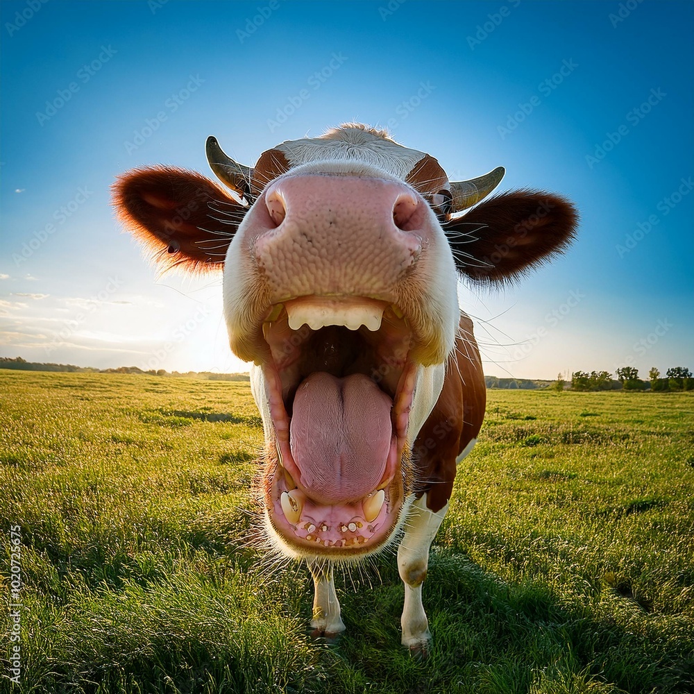 laughing cow moo with mouth open showing gums teeth and tongue while screaming in a green field ...