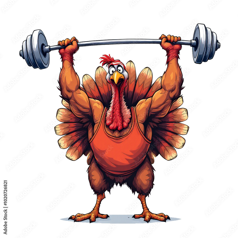 A muscular cartoon turkey is lifting a heavy barbell, wearing an orange ...