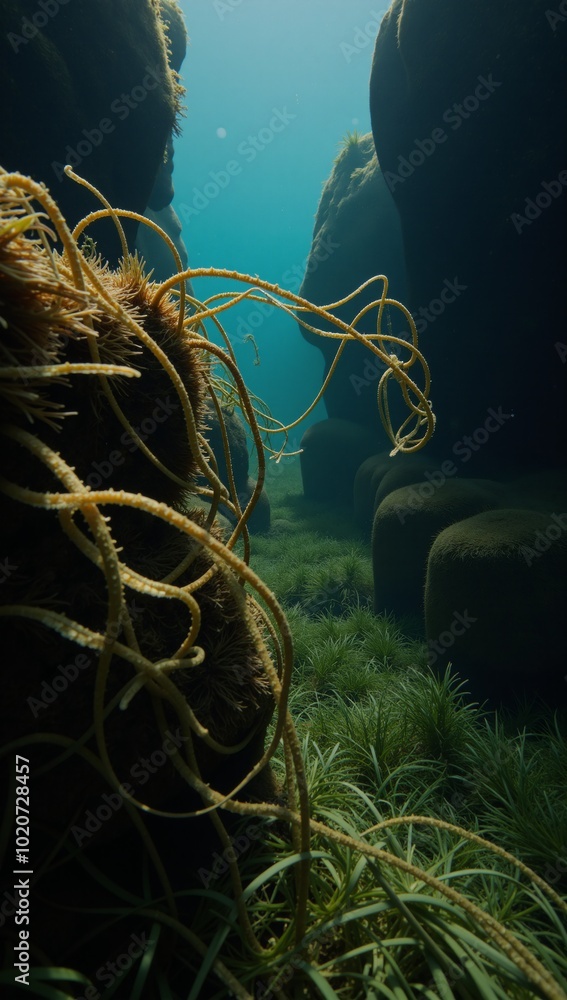 Underwater grasses wave amidst dark river water overgrown with long ...
