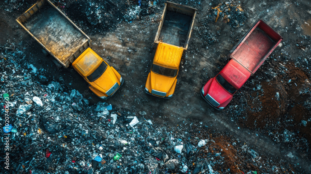 Top-down view of construction vehicles at a landfill, illustrating ...