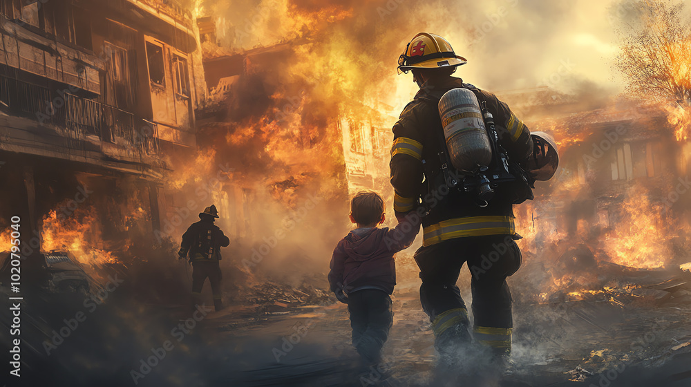 A firefighter leads a child to safety through a fiery scene, showcasing ...
