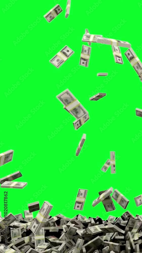 100 Dollar Bills On Green Screen. 3D animation money rain, business ...