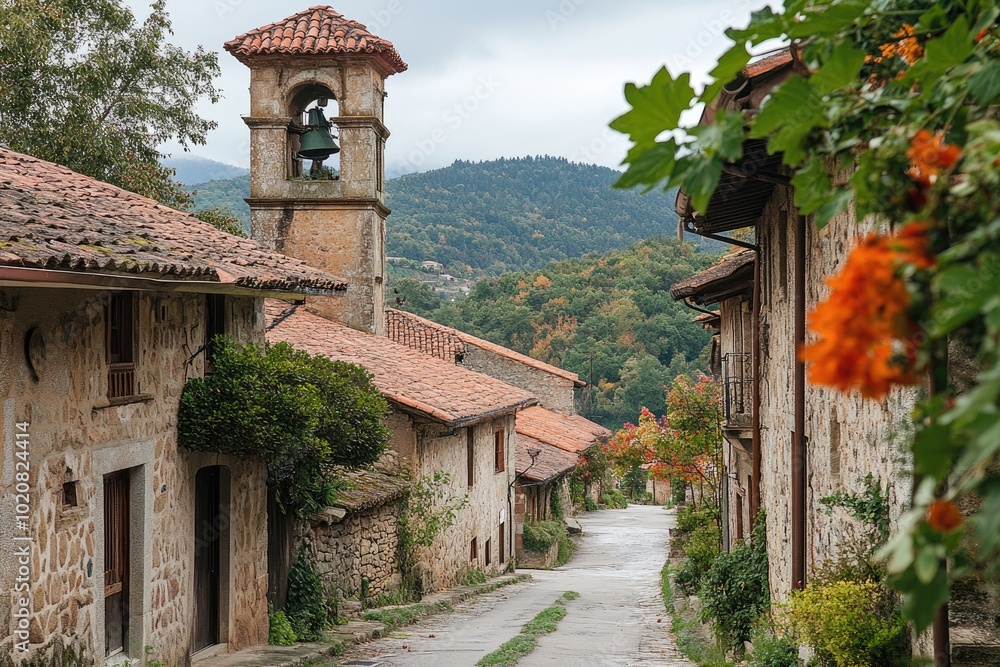 Narrow street going uphill with old stone houses in a rural village in ...