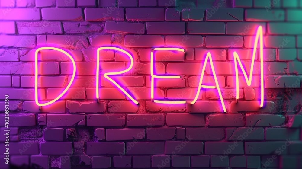 Text DREAM neon pink glow light on dark brick wall background Stock ...