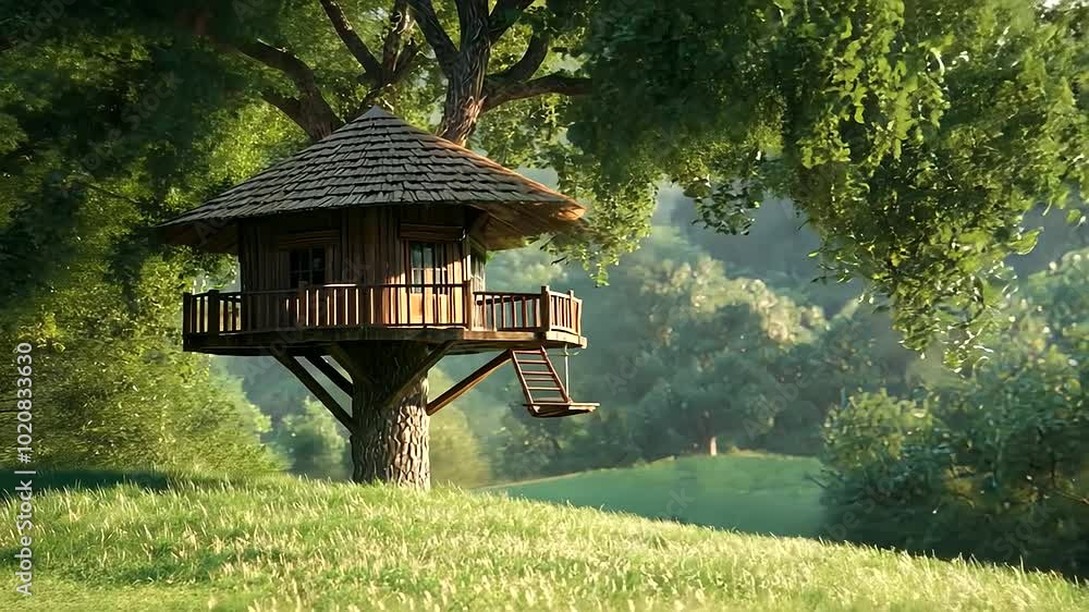 charming depiction of a wooden tree house with a traditional hut-like ...