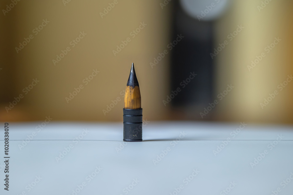 A stubby pencil with a black cap stands vertically on a plain white ...