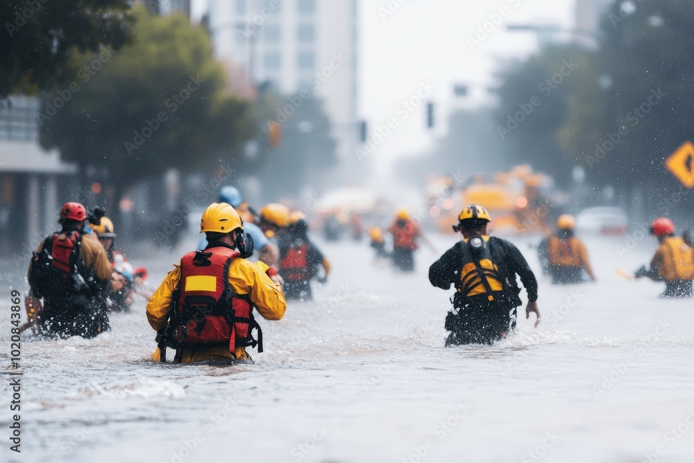 Emergency responders navigate flooded streets during a severe storm ...