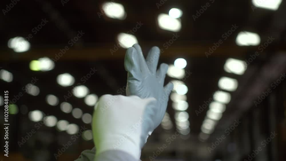 Close up hand worker wearing putting protective safety glove. Safety ...