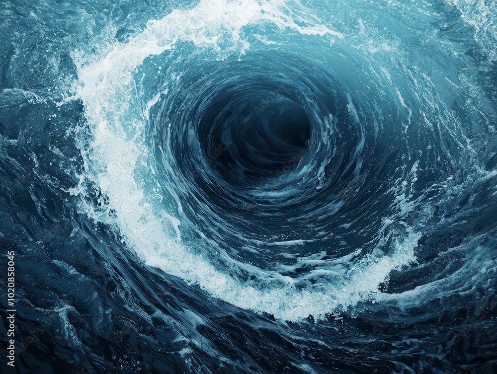 Water swirling in a whirlpool, creating a sense of intense force and ...