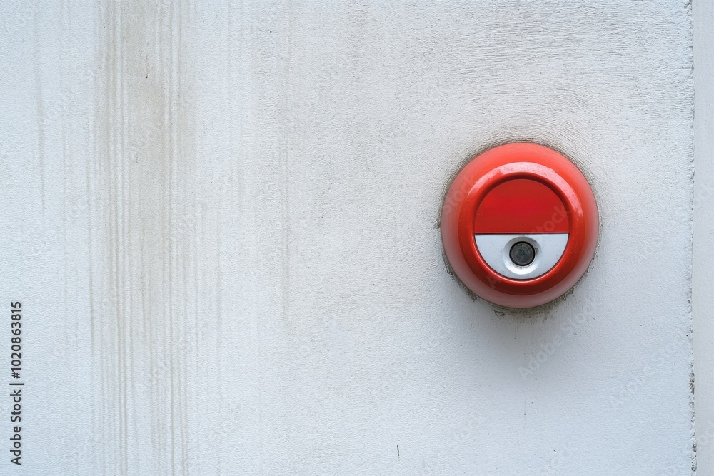 Red alarm button mounted on a wall, with a sign indicating 'Emergency ...
