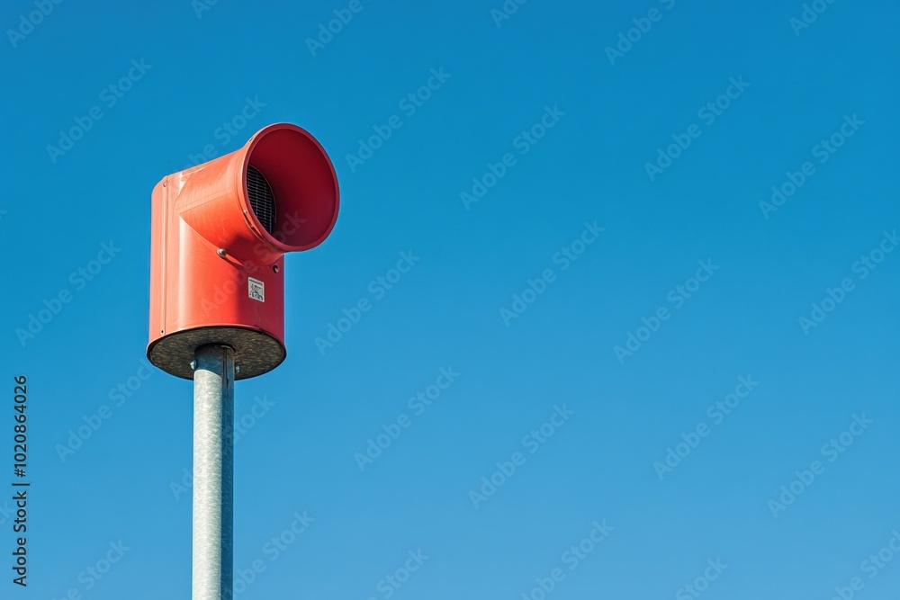 Outdoor emergency alarm siren installed on a pole, with clear blue sky ...