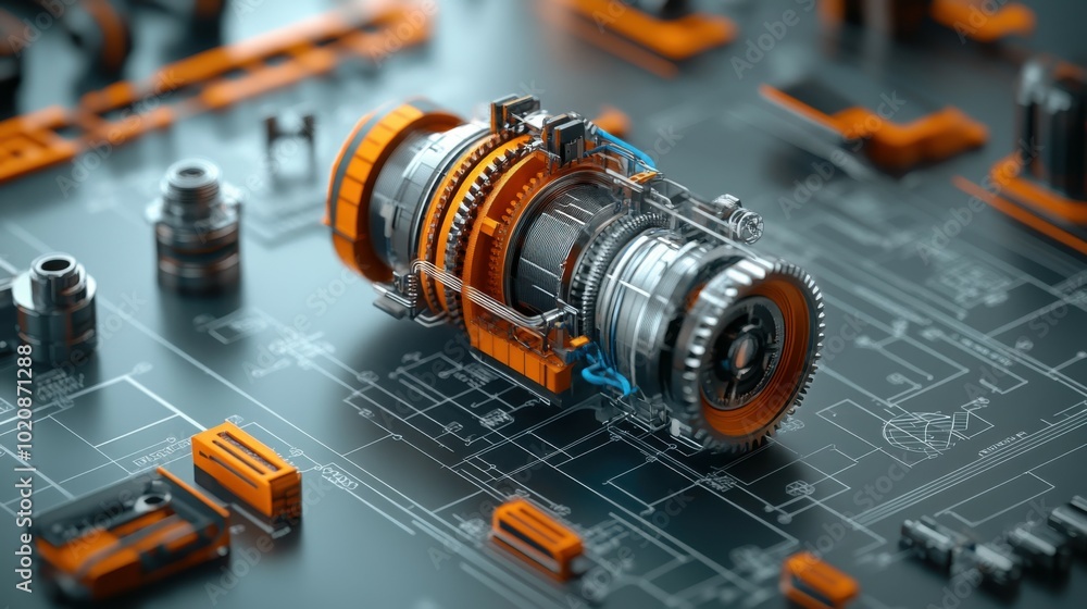 A 3D cute rendering of technical drawings, with soft, rounded edges and ...