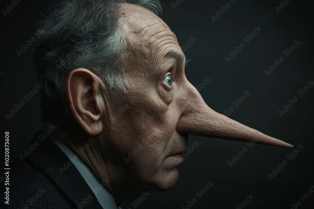 Dramatic close up portrait of elderly man with an exaggerated long nose ...