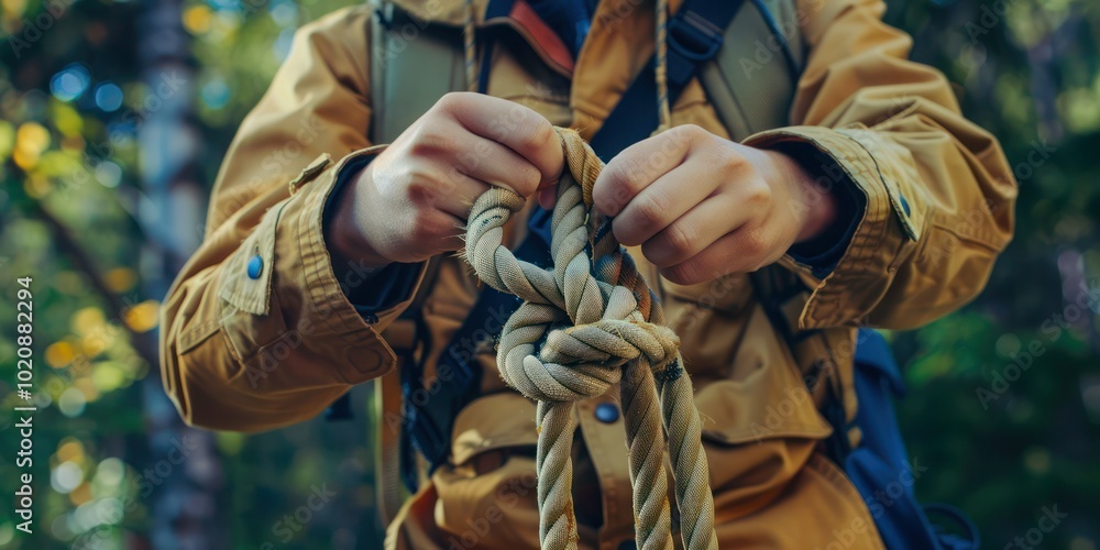 Boy scout in uniform, tying knots during outdoor scouting activities ...