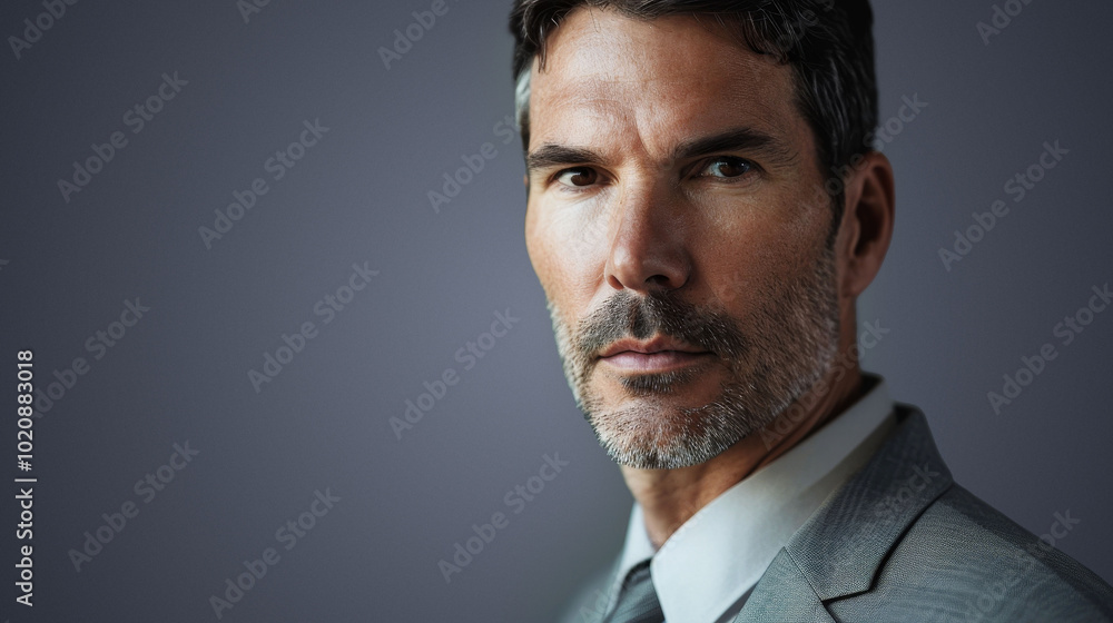 Confident Hispanic man in his 40s wearing a gray suit against a gray ...