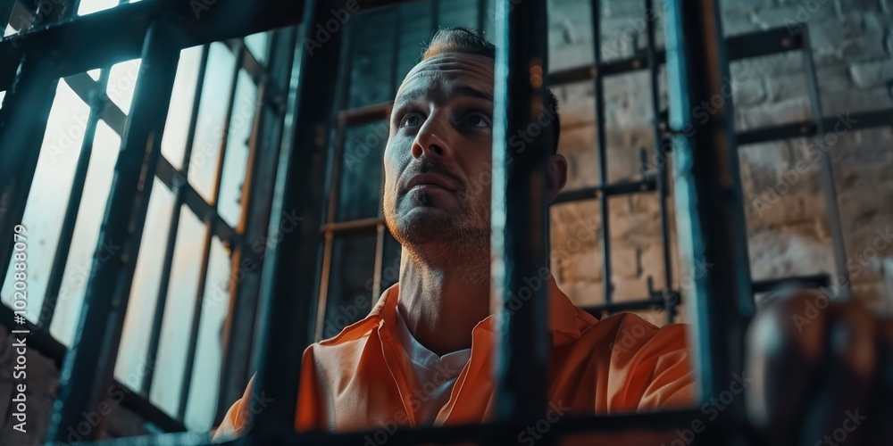 Inmate in a prison uniform, standing behind bars in a correctional ...