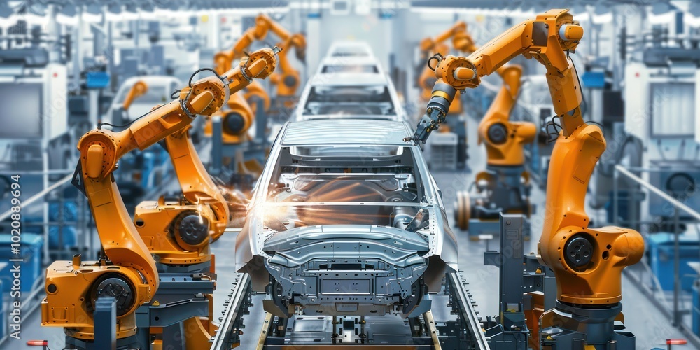 Robotic arms assembling car parts on an assembly line in a modern ...