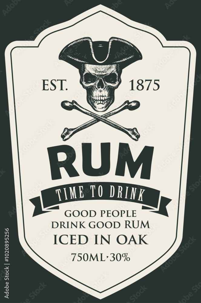 Vector label for Rum and the words Time to drink. A human skull in a ...