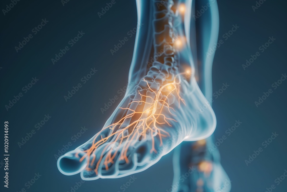 An X-ray style image of a human foot with highlighted nerves ...