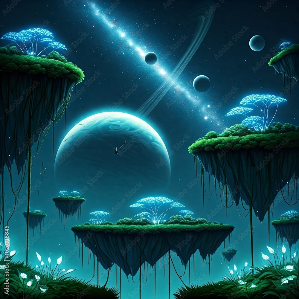 An alien planet with floating islands connected by vines, plants that ...