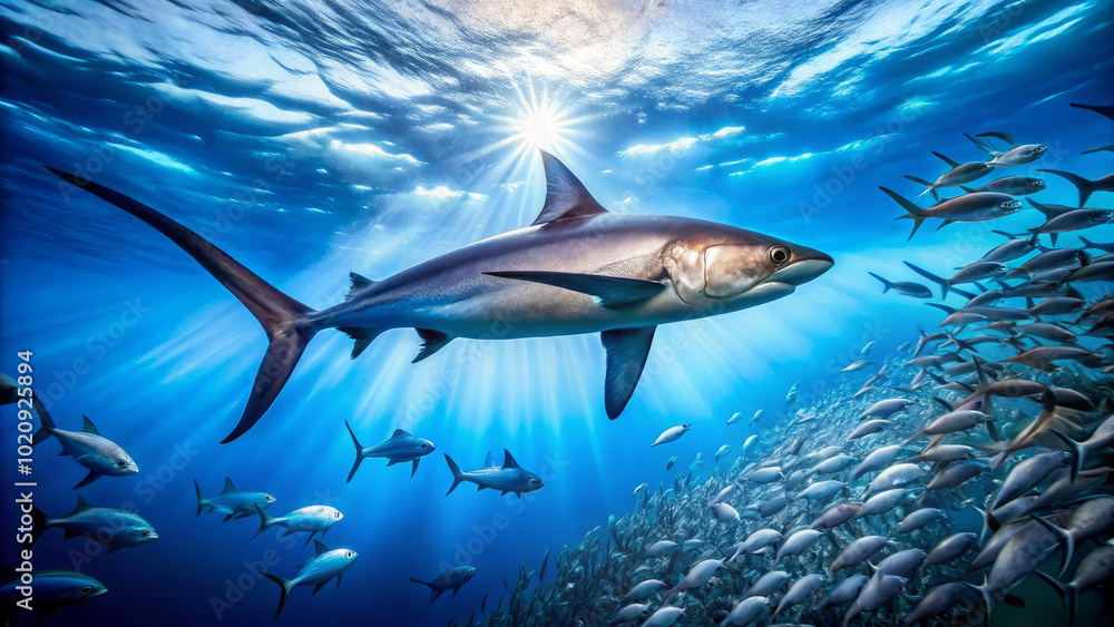 vibrant underwater scene featuring thresher shark swimming gracefully ...