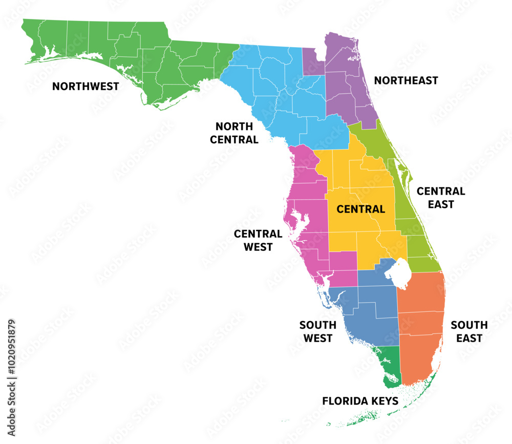 Regions of Florida, a state in the Southeastern United States, colored ...