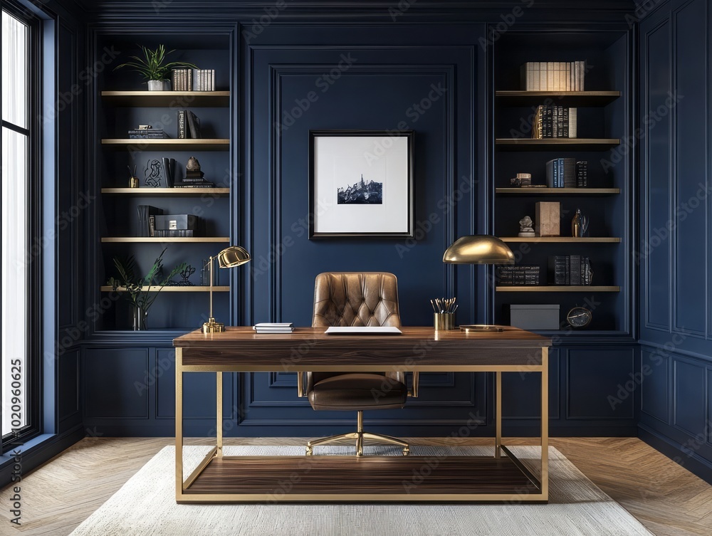 Study room with navy blue walls, a gold desk lamp, and a wood desk ...