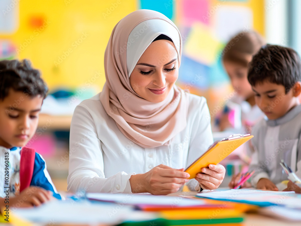 Young smart smiling happy arab muslim woman wearing hijab and teaching ...