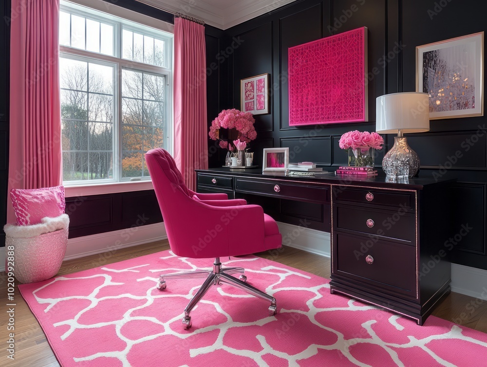 Study room with black walls and white furniture. Bright pink accents ...