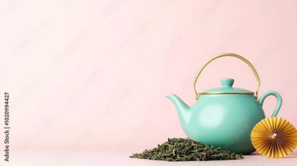 Blue tea pot with dry green tea leaves and golden paper fan on pastel ...