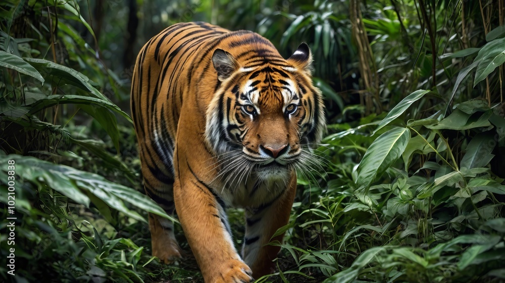 Double exposure of a tiger and the Amazon jungle, merging wildlife with ...